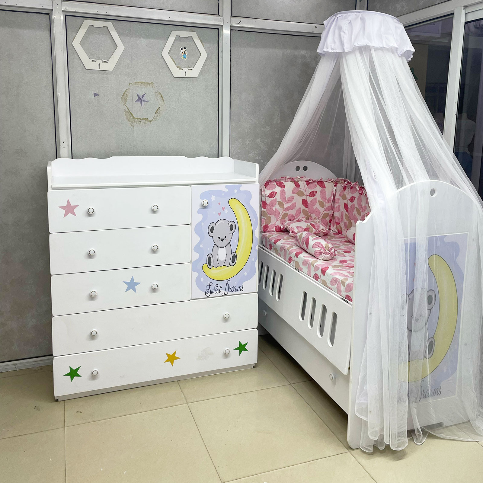 MDF Cot + Mattress + Chest of drawers + Cot Bumpers - Baraka Baby Shop